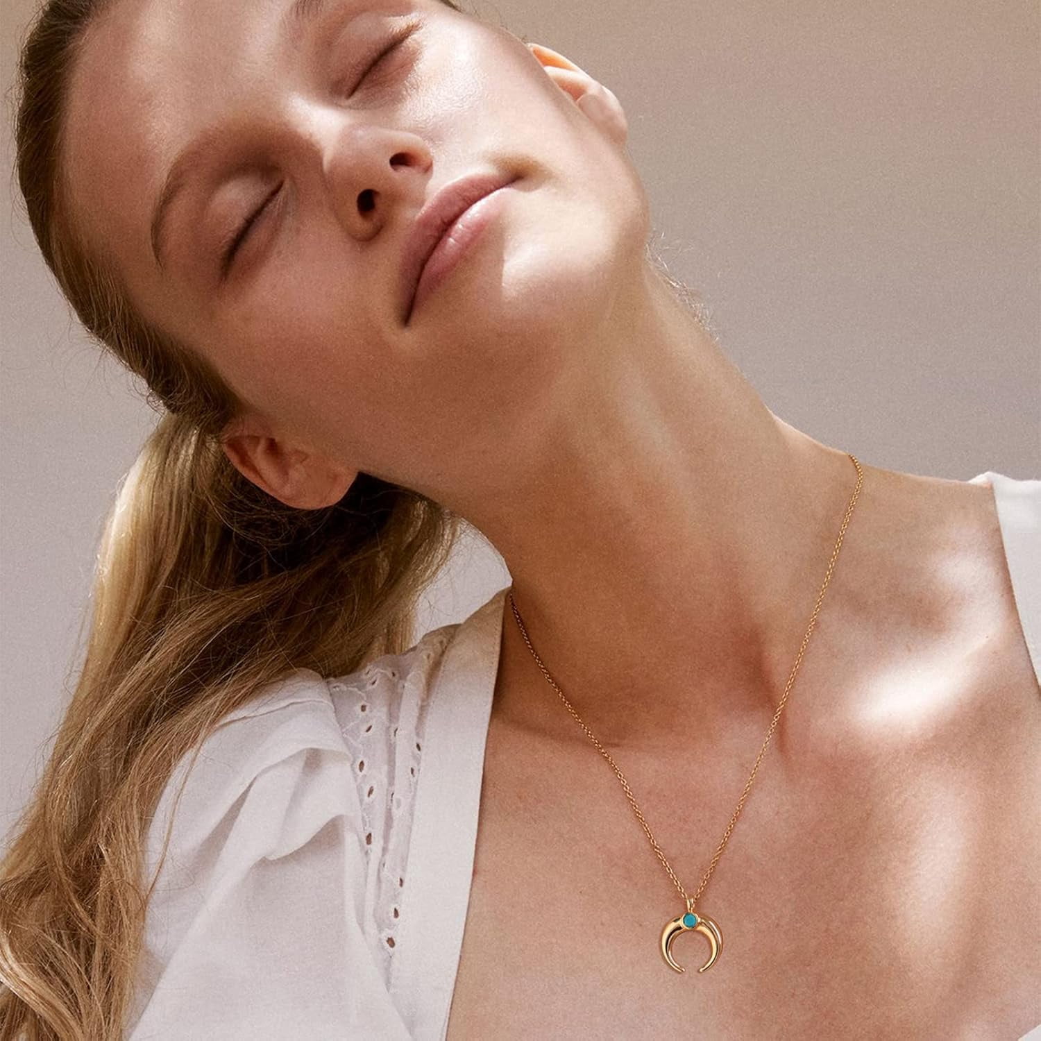 TRAHOO-Dainty Pendant Necklace 14k Gold Plated Simple Link Chain Necklace Turquoise Crescent ...