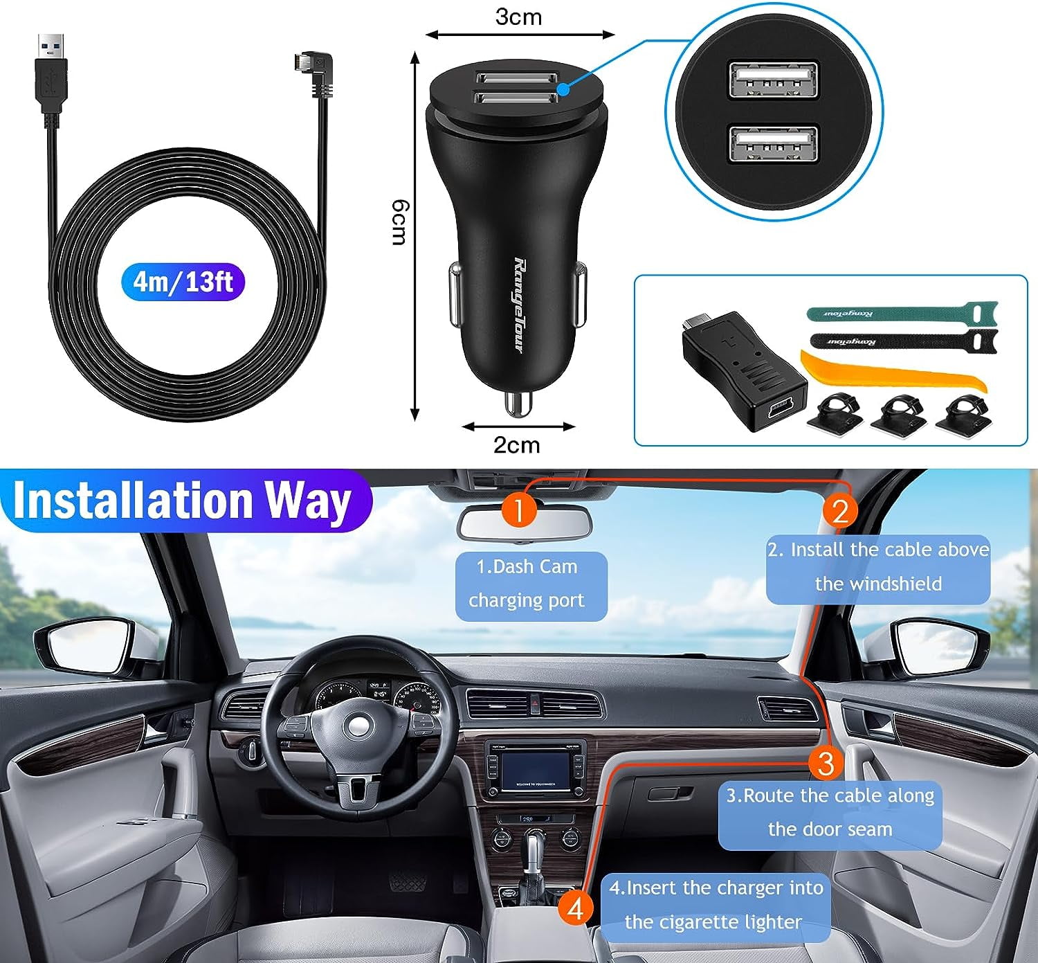 TRAHOO-Dash Camera Car Charger, Dual USB Ports Car Phone Charging Mini ...