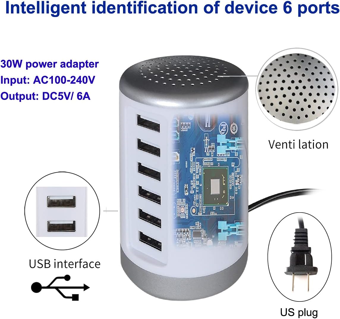 TRAHOO-Desktop USB Charging Station White,6-Port USB Tower Charging ...