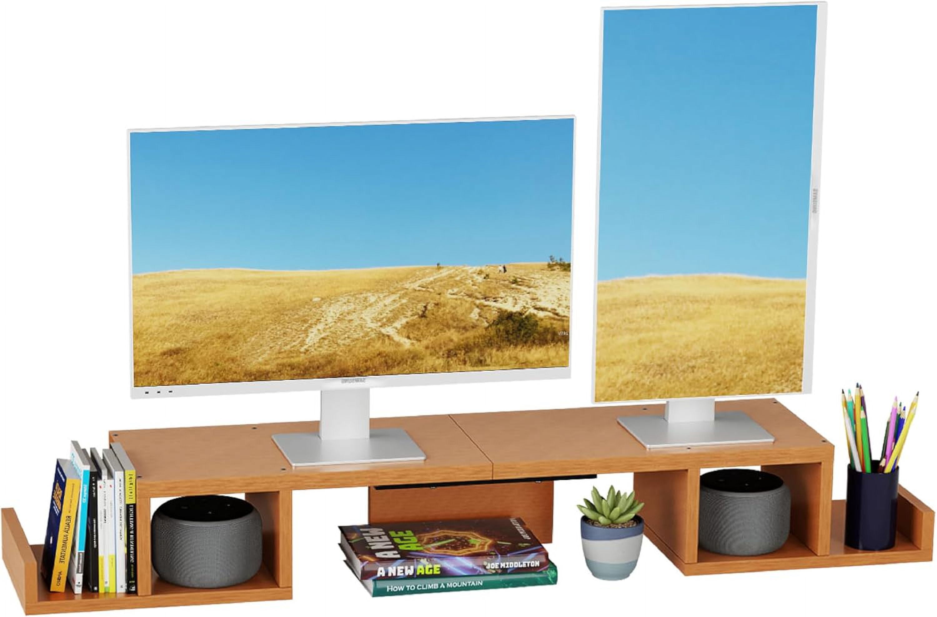 TRAHOO-Dual Monitor Stand Riser with Side Divider Storage, 43.6" Wood ...