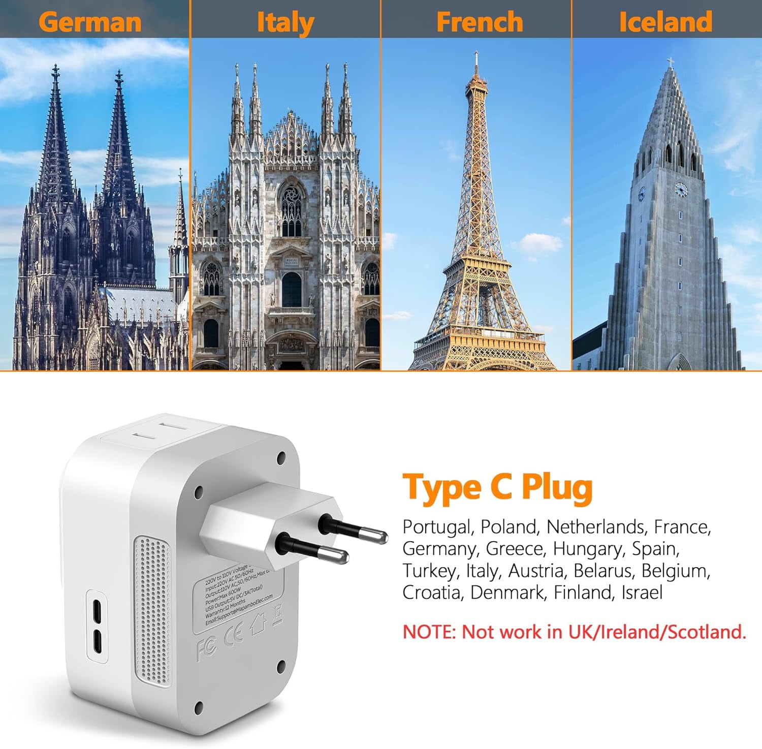 TRAHOO-European Travel Plug Adapter, International Power Adapter ...