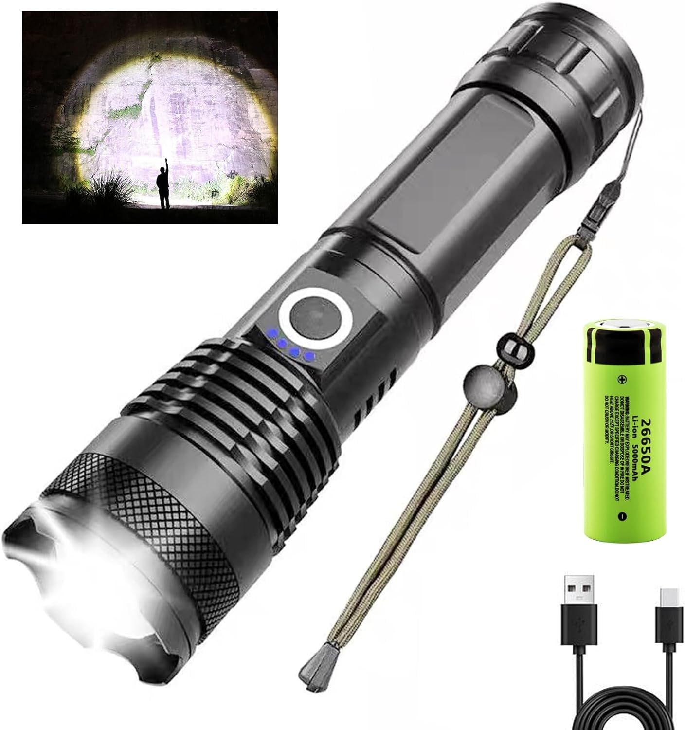 TRAHOO-Flashlight Rechargeable Zoomable Adjustable Brightness 10000 ...