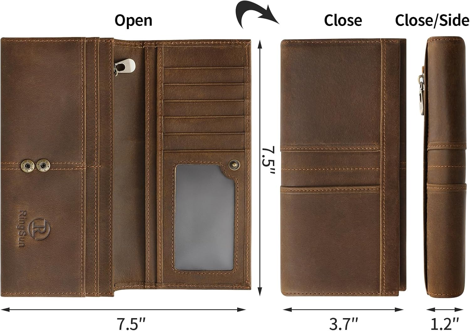 TRAHOO-Full Grain Leather Long Wallet for Men with Zipper RFID Blocking ...