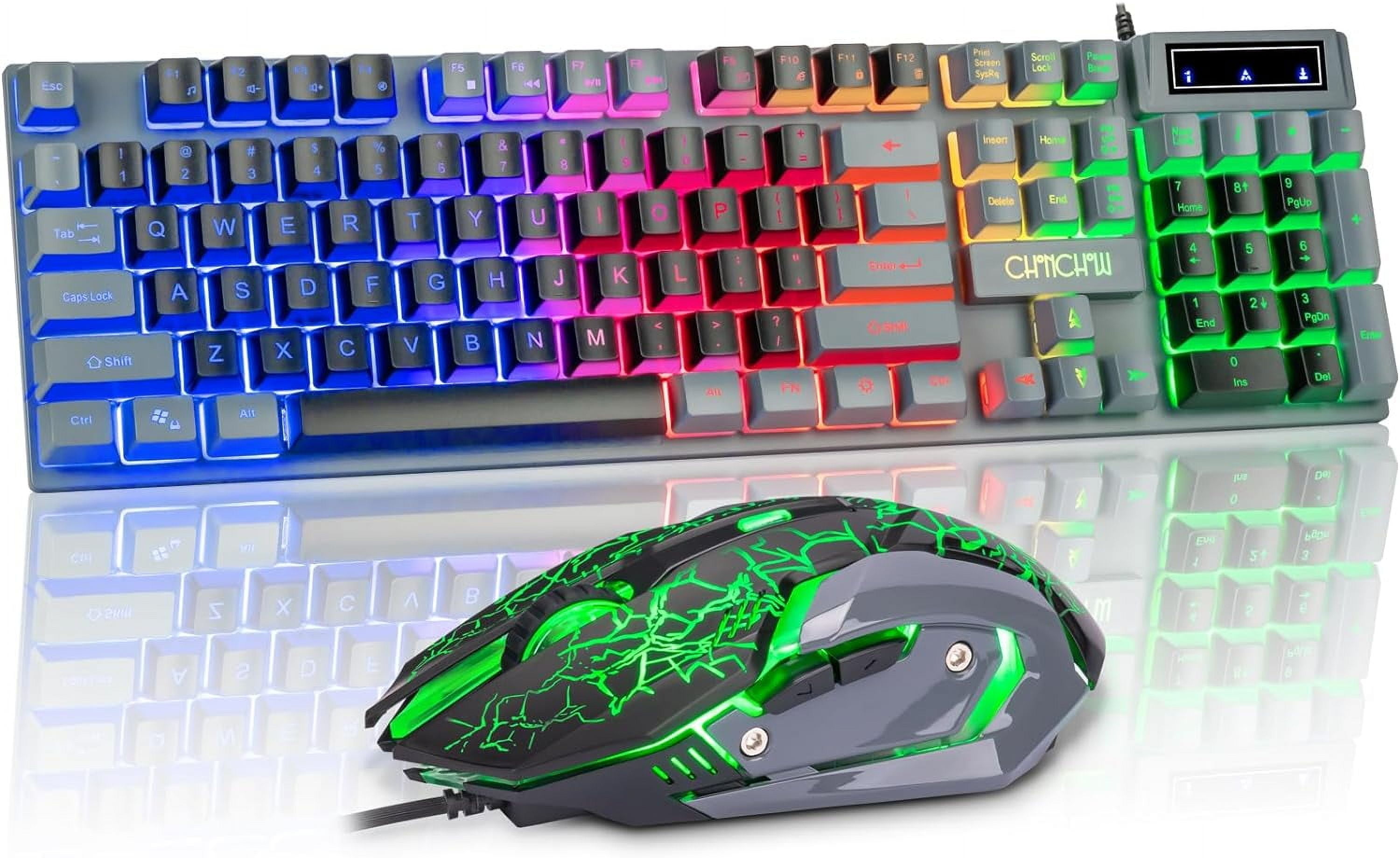 Trahoo Gaming Keyboard And Mouse Combo 7 Color Rainbow Led Backlit 104 Keys Full Light Up