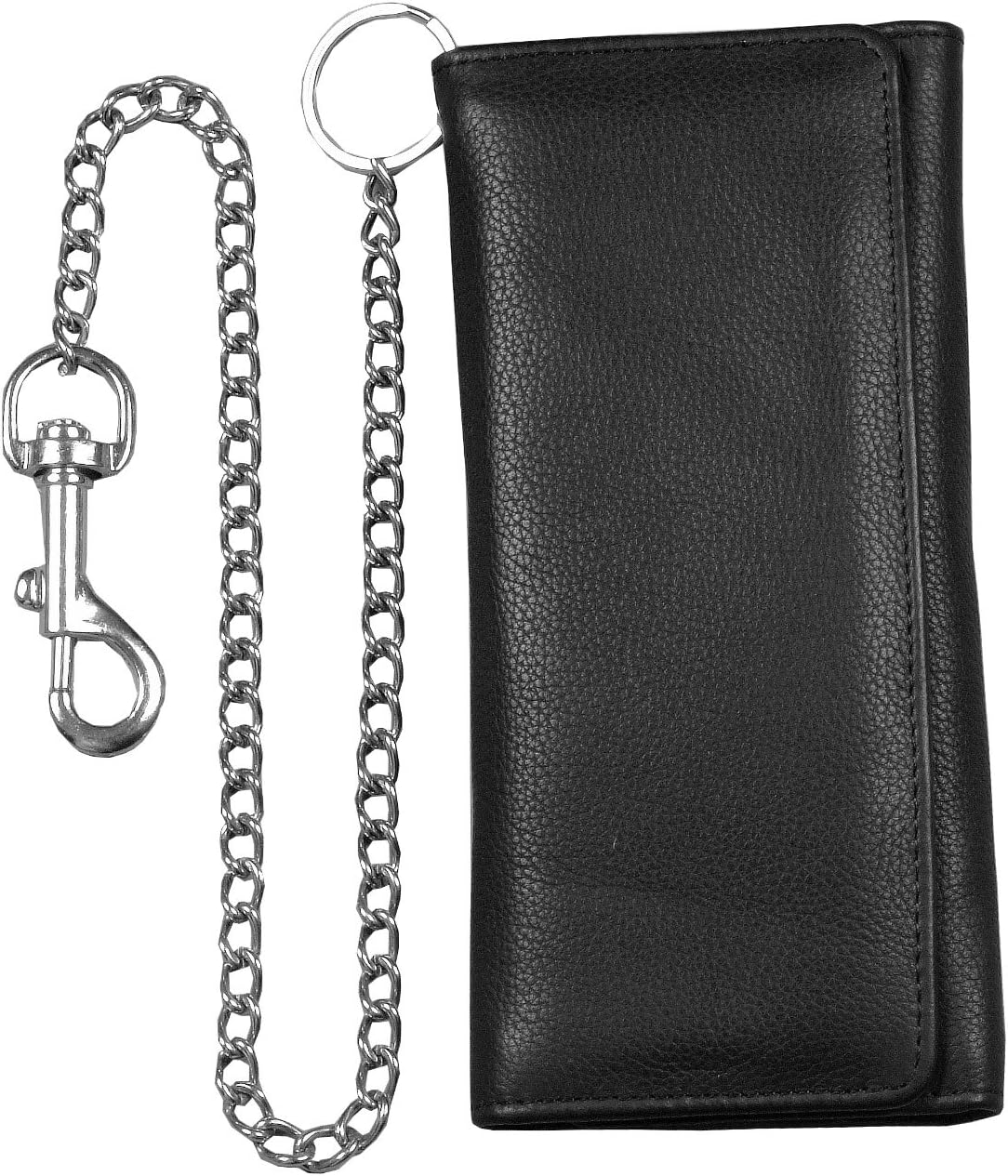 TRAHOO-Genuine Black Cowhide Leather Chain Wallet, Trifold Long Chain ...