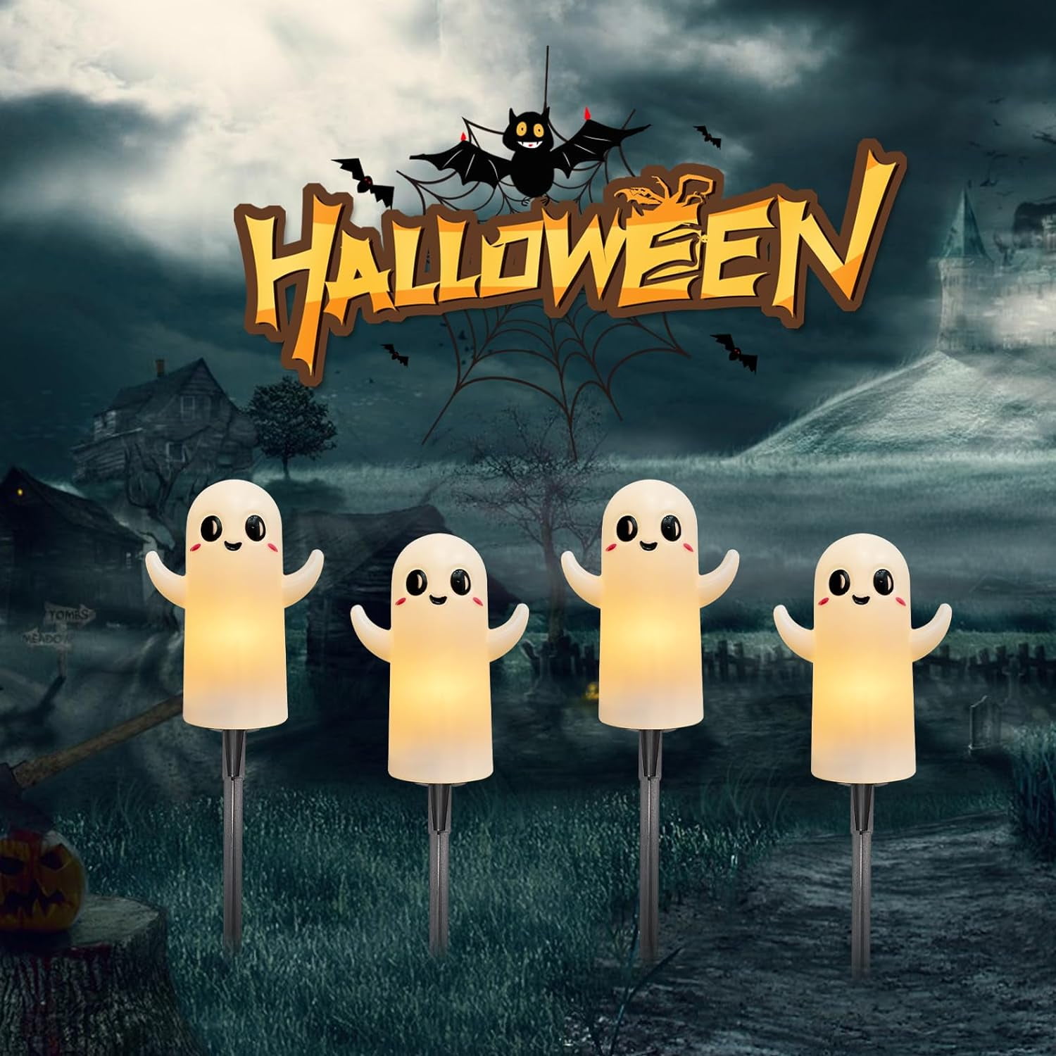 TRAHOO-Halloween Smiley Ghosts Pathway Marker Lights with 4 White Ghost ...