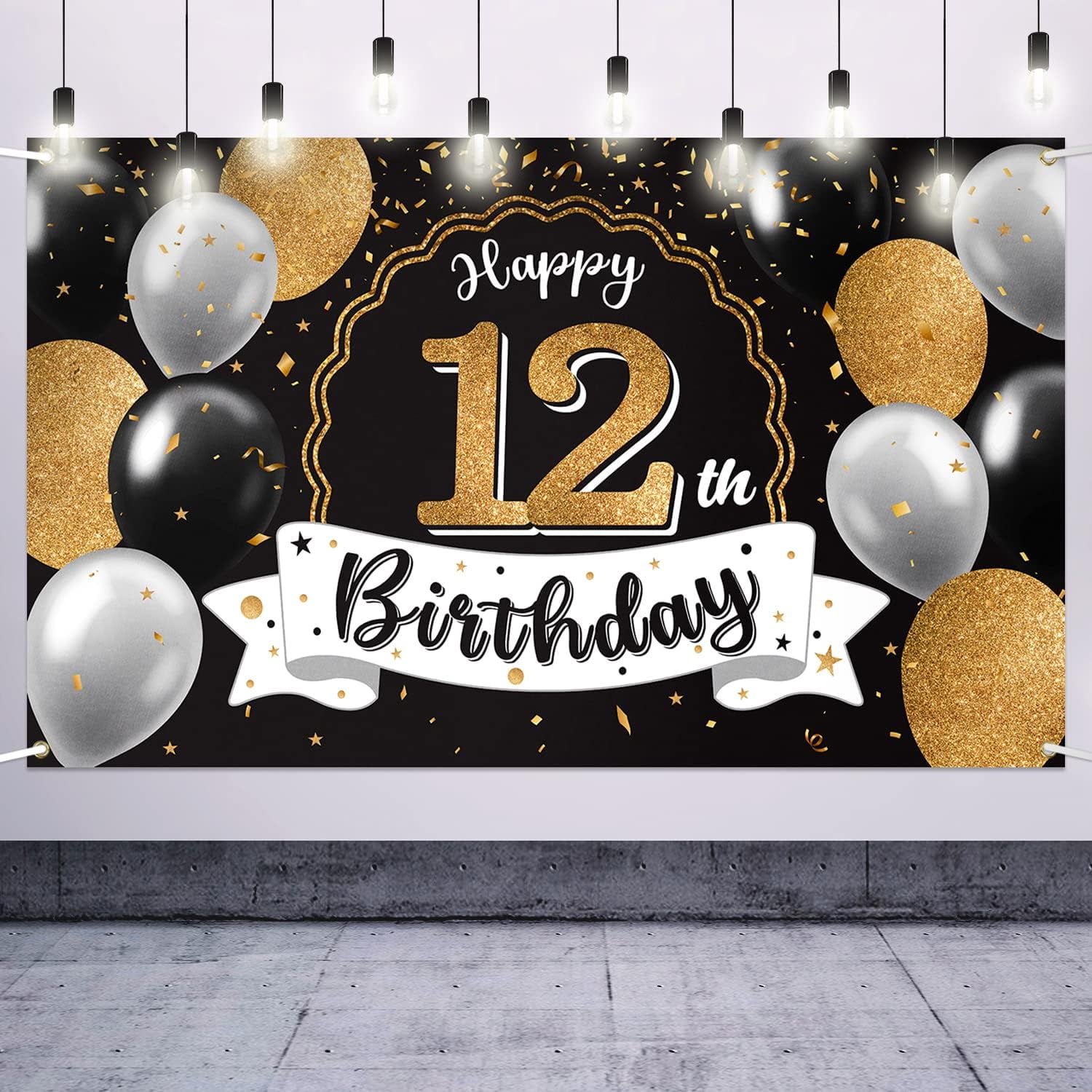 TRAHOO-Happy 12th Birthday Decorations,12th Black & Gold Balloon Large ...