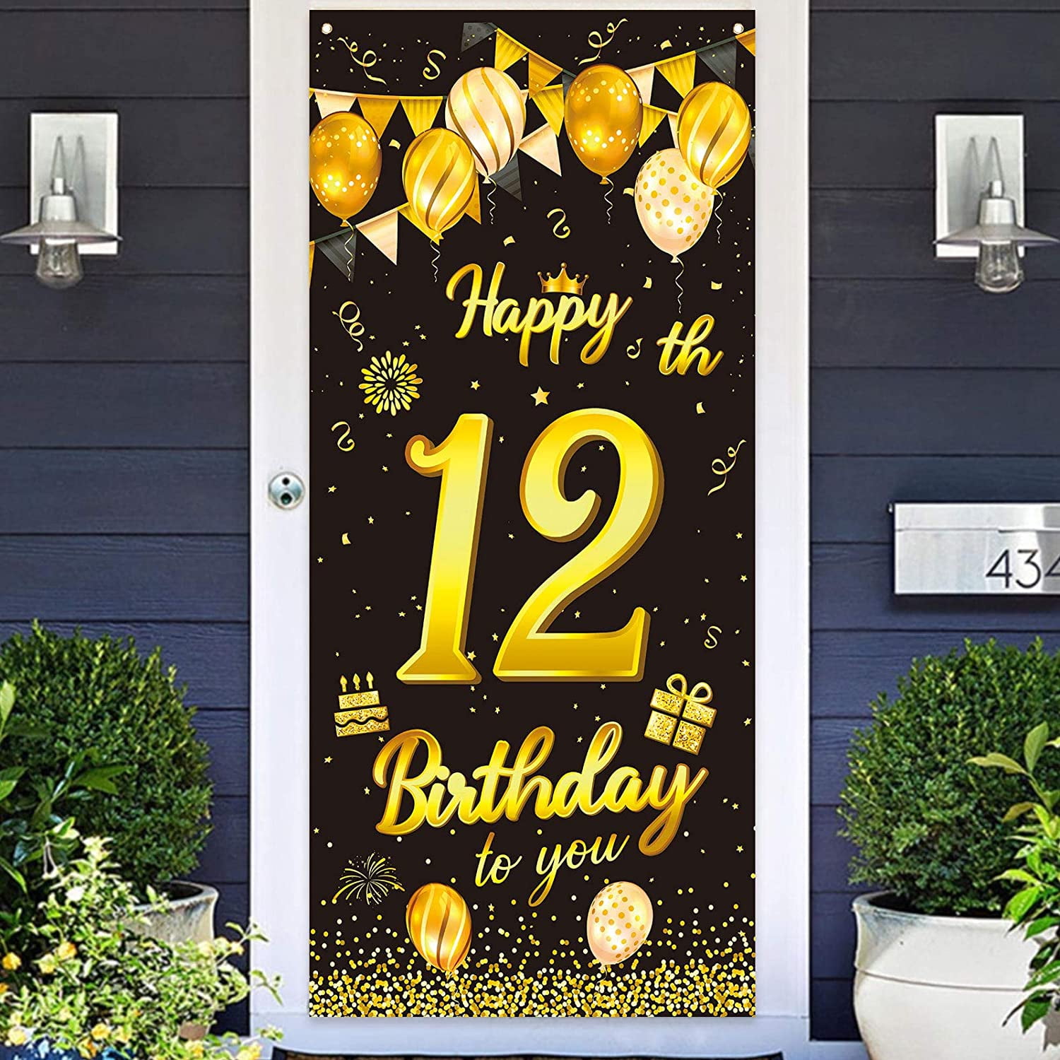 TRAHOO-Happy 12th Birthday to You Door Banner Backdrop Black Gold Sign ...
