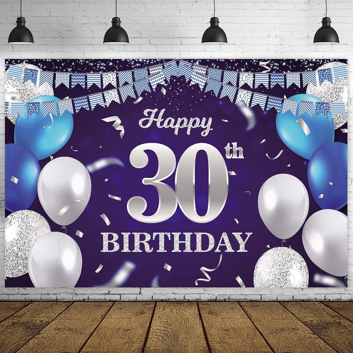 TRAHOO-Happy 30th Birthday Banner Backdrop Navy Blue Balloons Confetti ...