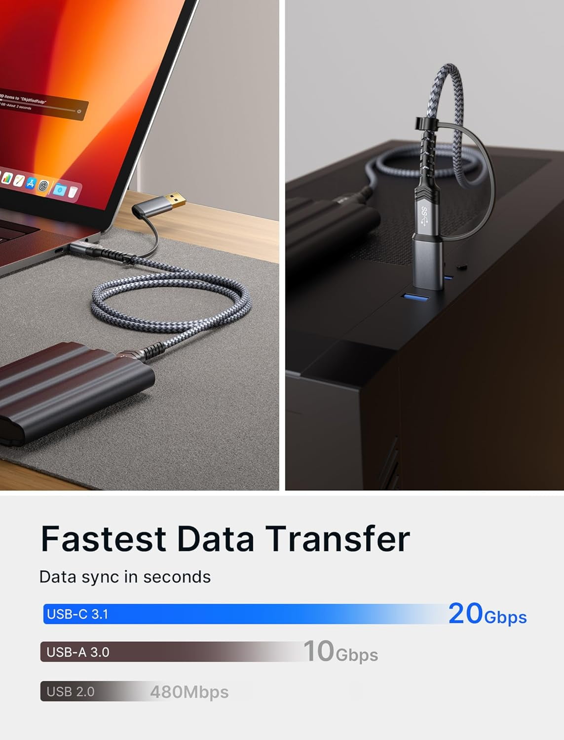 TRAHOO-Hard Drive Cable 3.3FT, 20Gbps Micro B to USB C/A Cord External ...