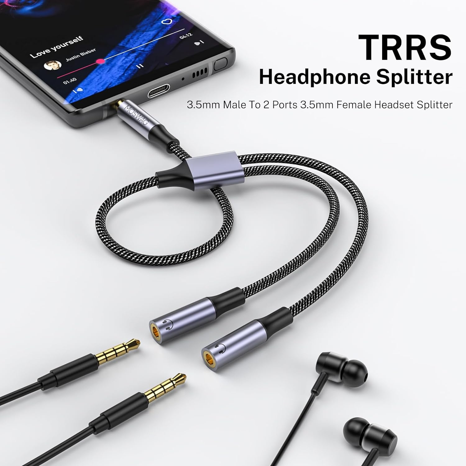 TRAHOO-Headphone Mic Splitter 3.5mm Headset Y Adapter 2 Female to 1 ...