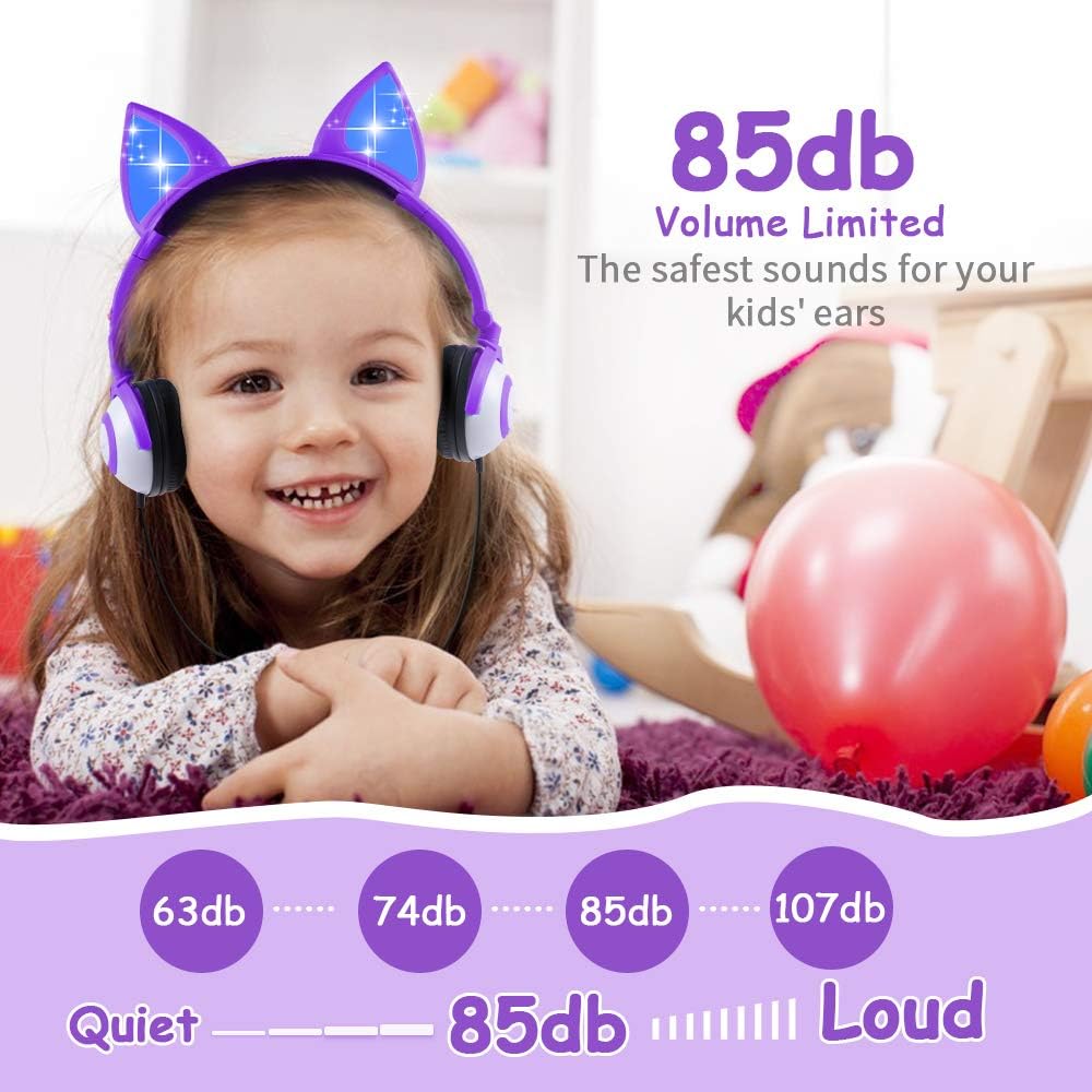 TRAHOO-Headphones for Kids for School, Cat Ears with LED Kids Headphones, Folded Headphones ...