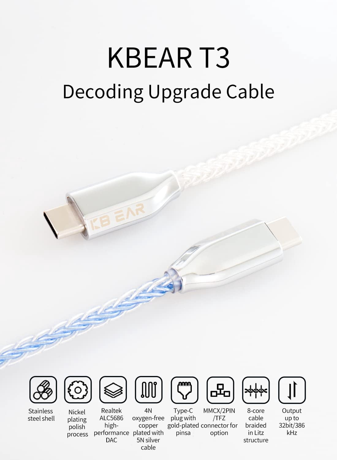TRAHOO-KBEAR T3 USB Type C Plug 2Pin IEM Cable 8 Core 5N Silver ...