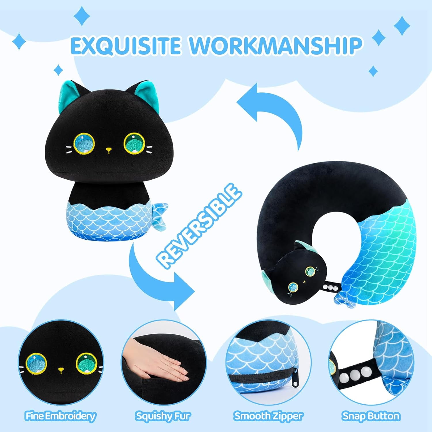 TRAHOO-Kids Travel Pillow, Cute Mermaid Cat Stuffed Animal Neck Pillow ...