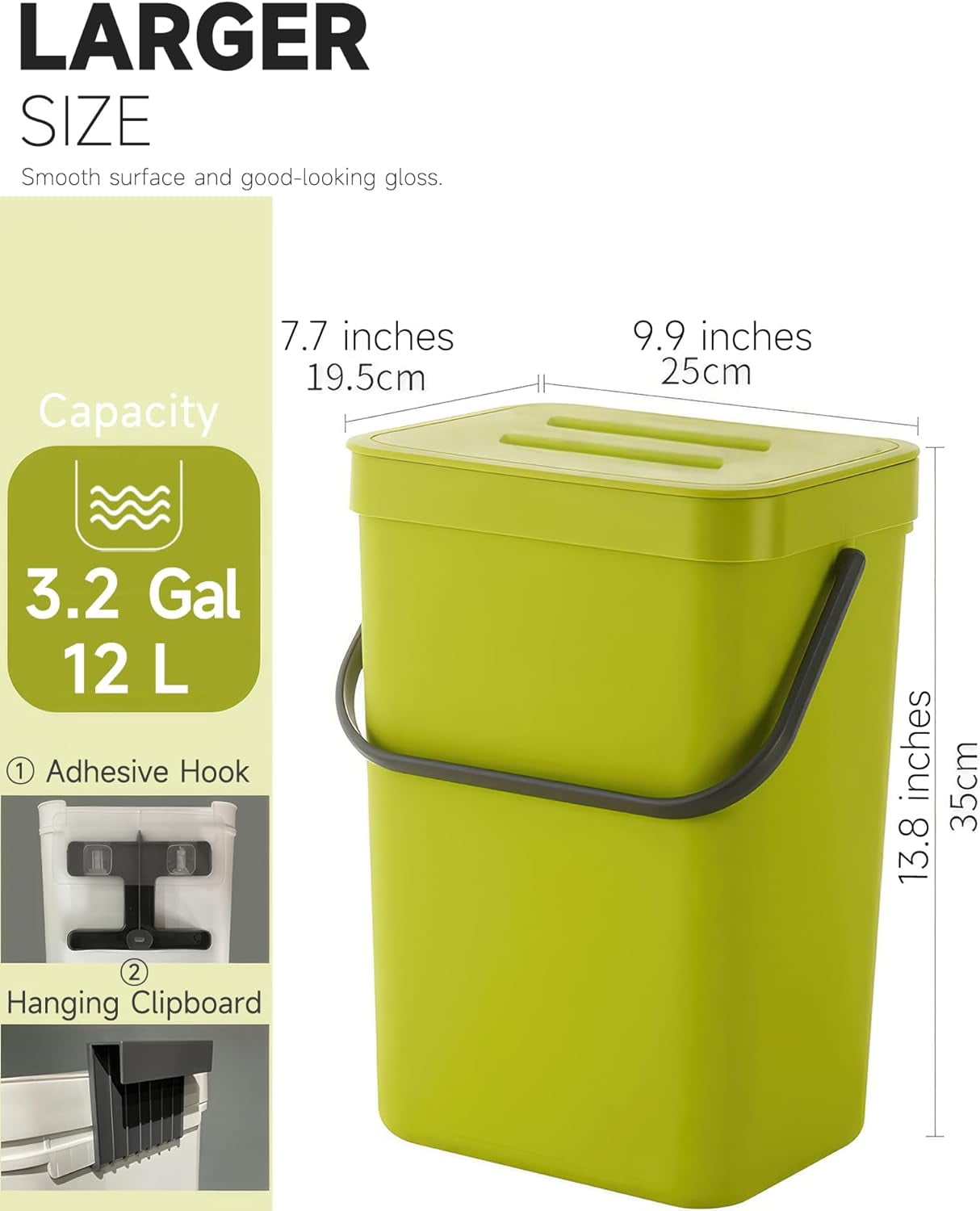 TRAHOO-Kitchen Compost Bin - 3.2 Gallons Hanging Trash Can with Lid for ...