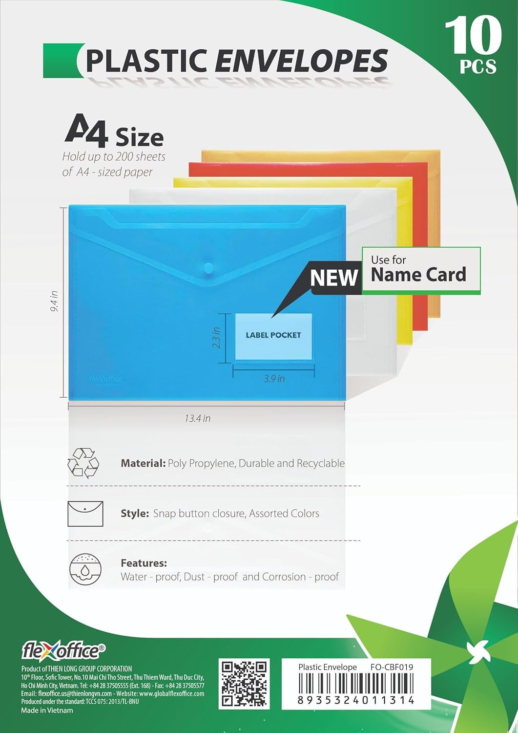 TRAHOO-Letter, A4 Size Plastic Envelopes with Snap Closure & Label ...