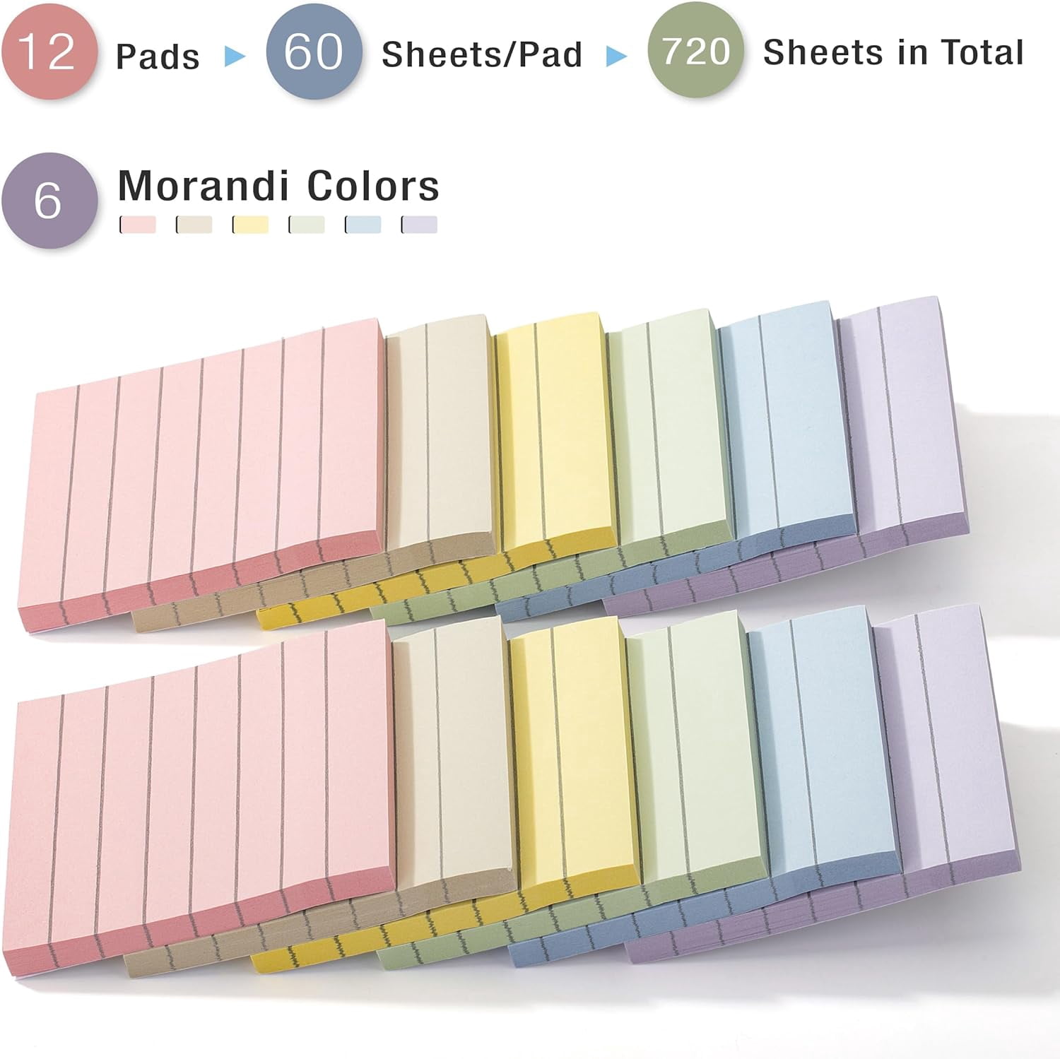 TRAHOO-- Lined Sticky Notes 3x3, 12 Pads, 720 Sheets in Total, Morandi ...