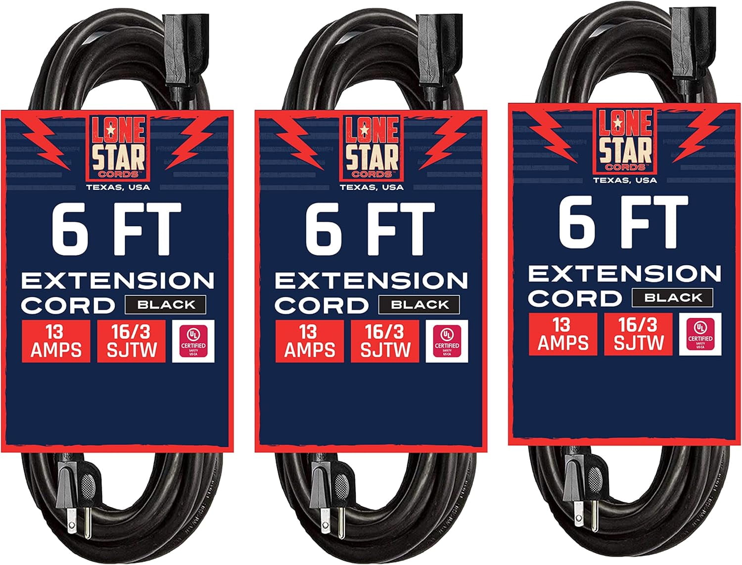 TRAHOO-Lone Star 3 Pack 6 ft Outdoor Extension Cord, 16/3 Black ...