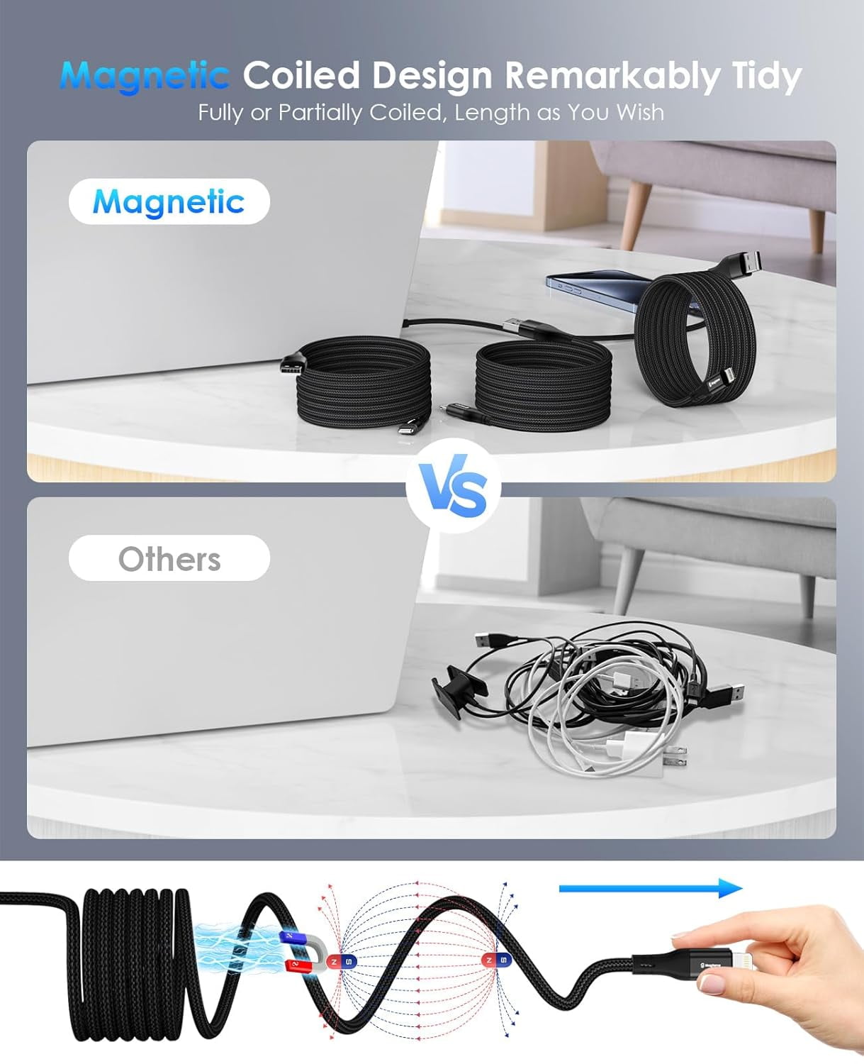 TRAHOO-Magnetic Coiled iPhone Charger Cable 2 in 1, 5ft Multi Fast ...