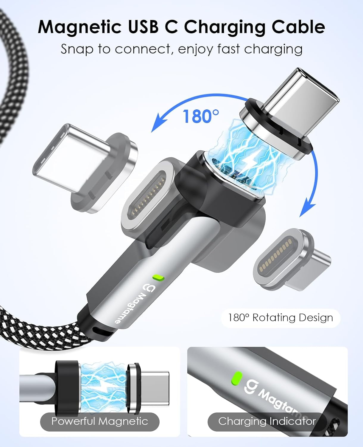 TRAHOO-Magnetic USB C to USB C Cable 100W Right Angle, 5ft Magnetic ...
