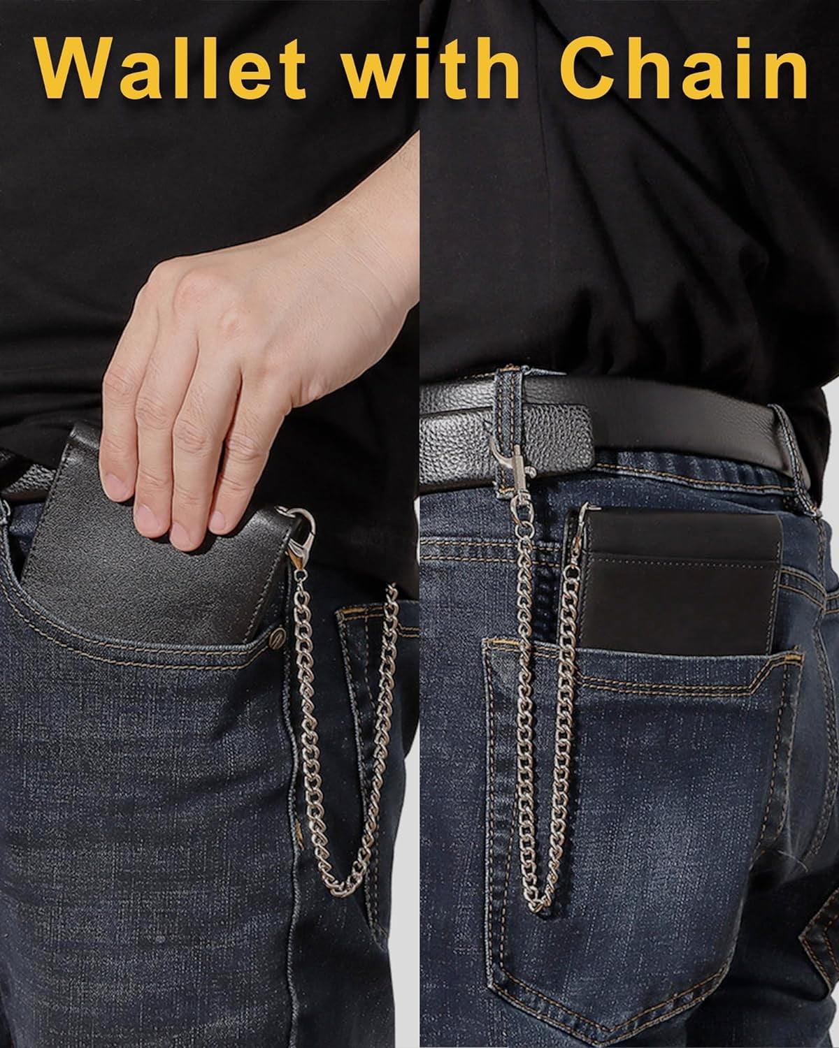 TRAHOO-Men's Wallet Leather RFID Blocking Bifold Wallet with Chain Male ...