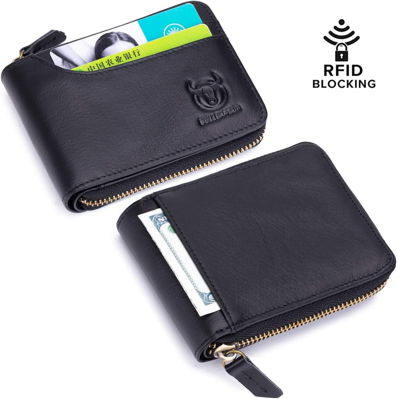 TRAHOO-Mens Leather Zipper Wallet RFID Blocking Bifold Secure Vintage ...