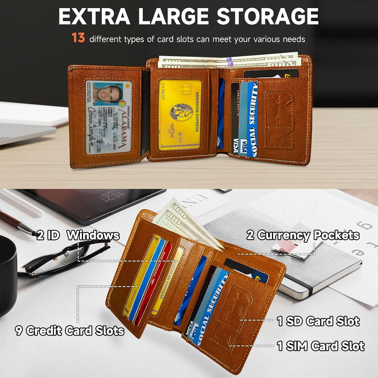 TRAHOO-Mens RFID Blocking Genuine Leather Trifold Wallets for Men, Slim Wallet for Men Credit ...