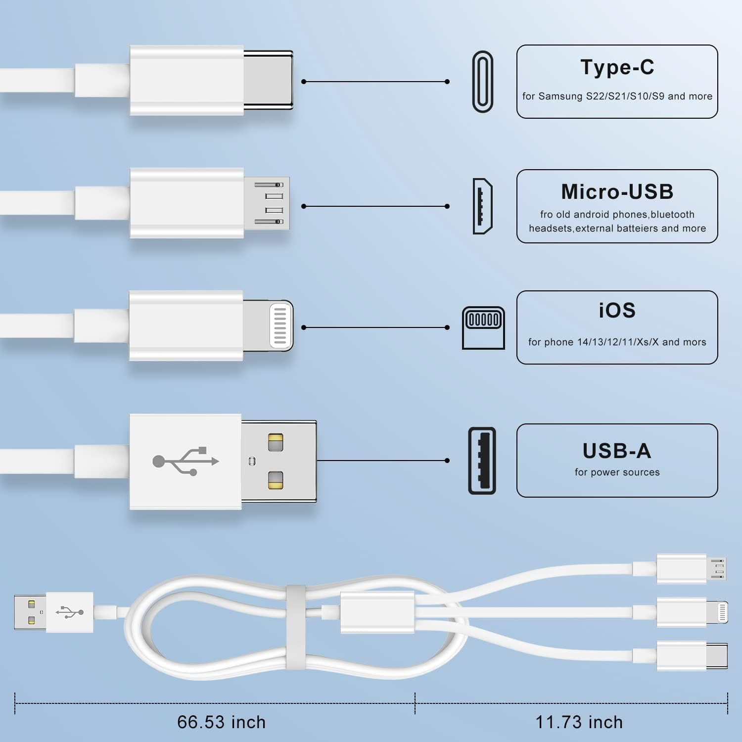 TRAHOO-Multi Charger Cable 6Ft 2Pack, 3 in 1 Charging Cord, Universal ...