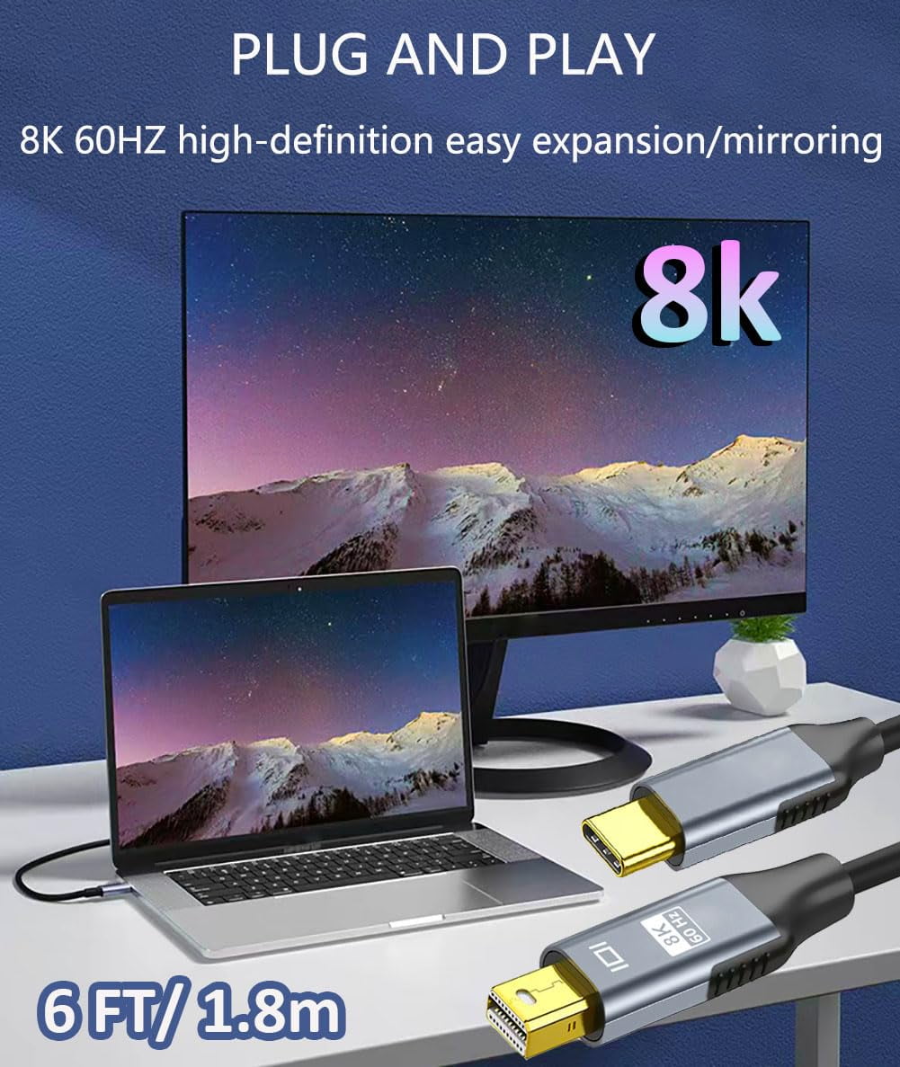 TRAHOO-New 8k USB C to Mini DP Cable, USB C Thunderbolt 3 to Mini ...