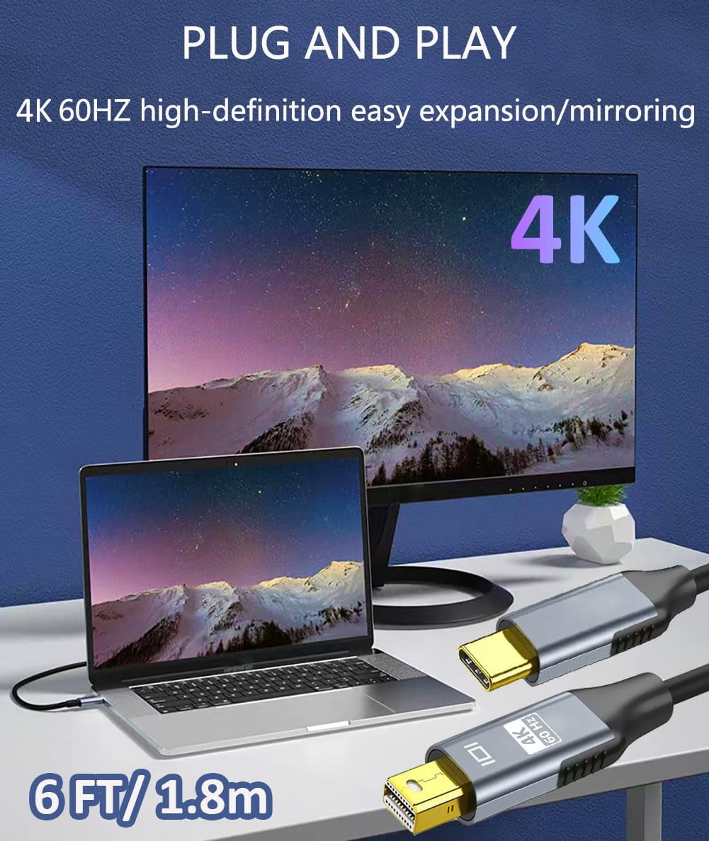 TRAHOO-New USB C to Mini DP Cable 4k@60Hz, USB C Thunderbolt 3 to Mini ...