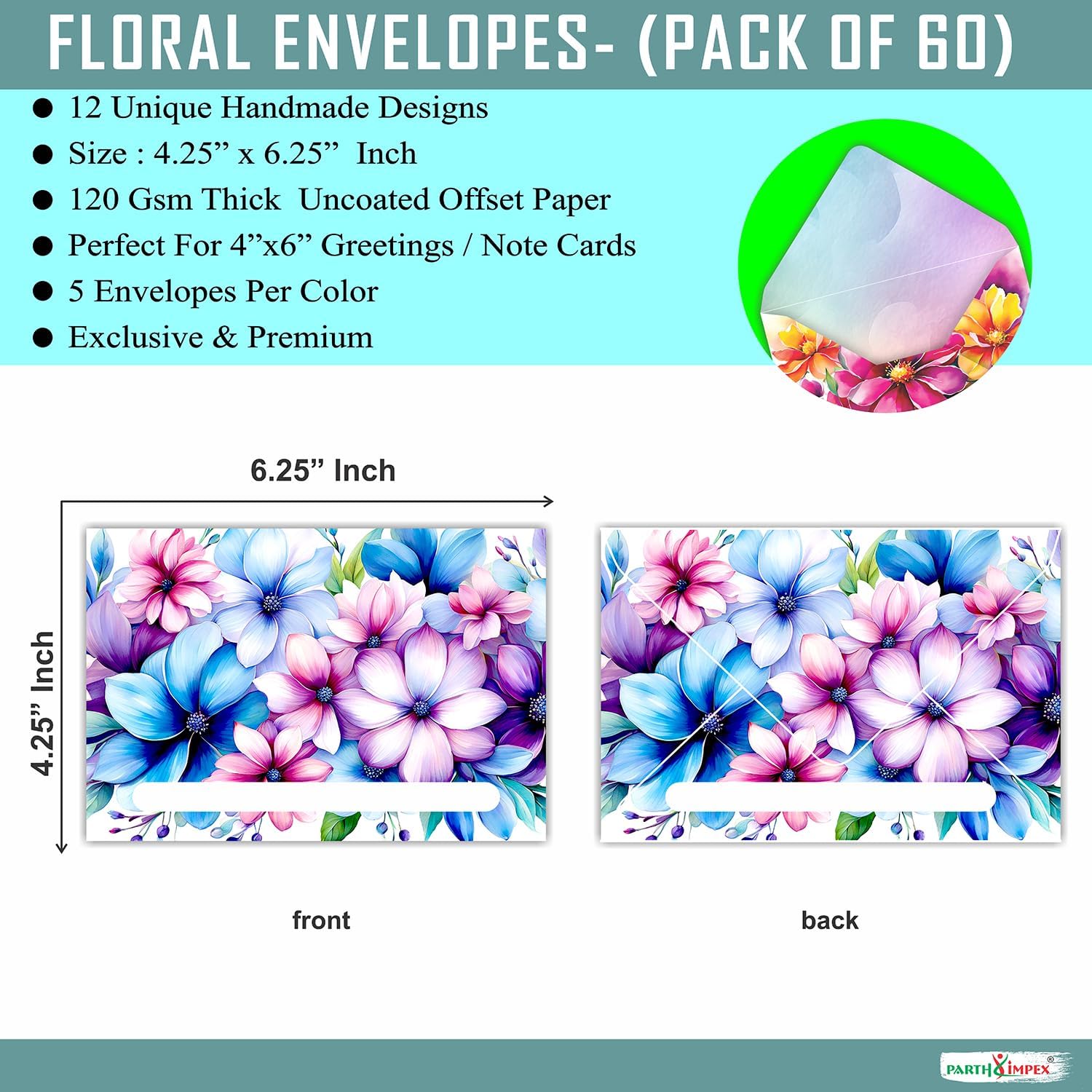 TRAHOO-PARTH IMPEX 60 Pack 4x6 Envelopes - 12 Floral Design A4 ...
