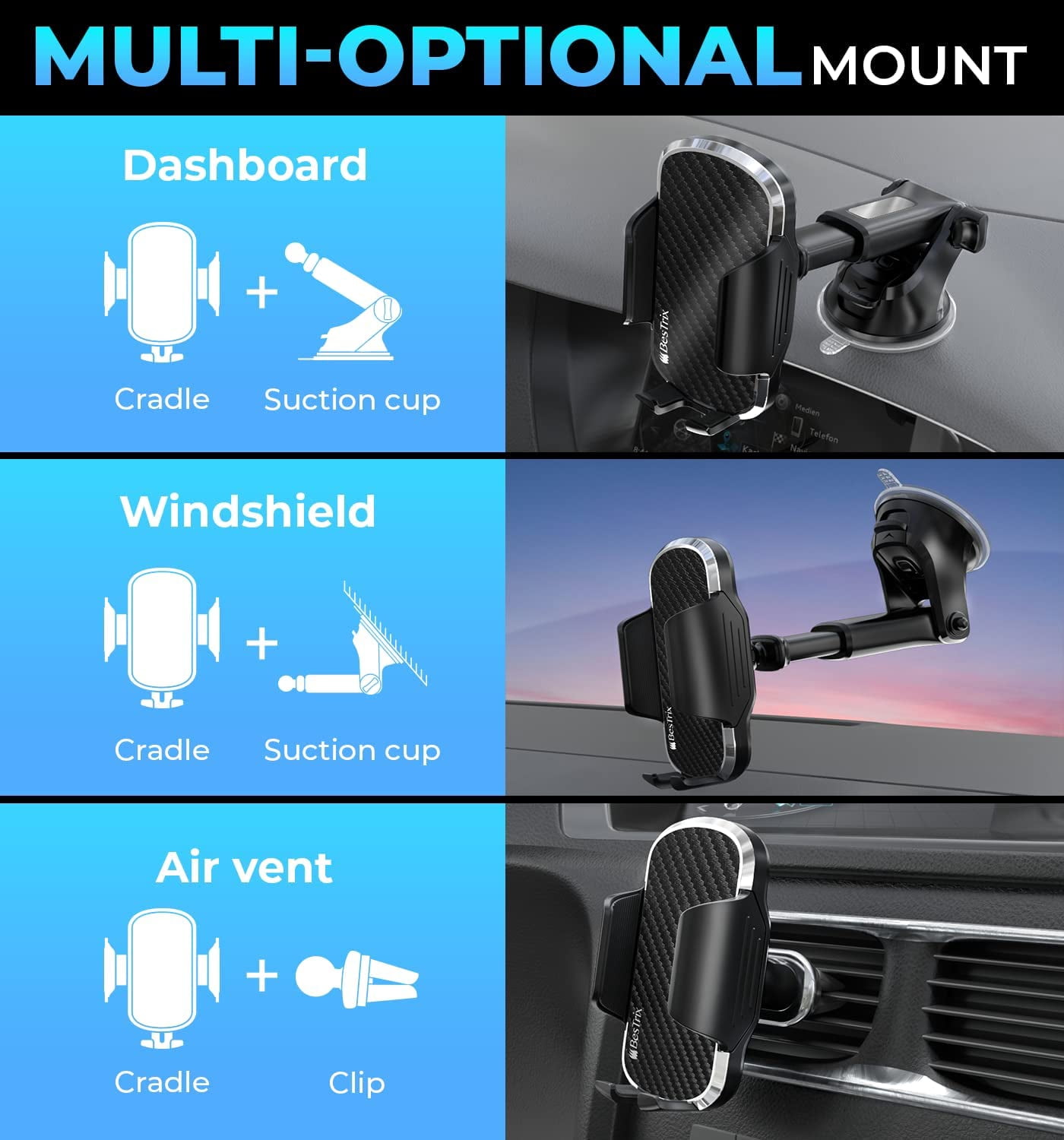 TRAHOO-Phone Mount for Car – Holder Mount, Dashboard, Windshield, and ...