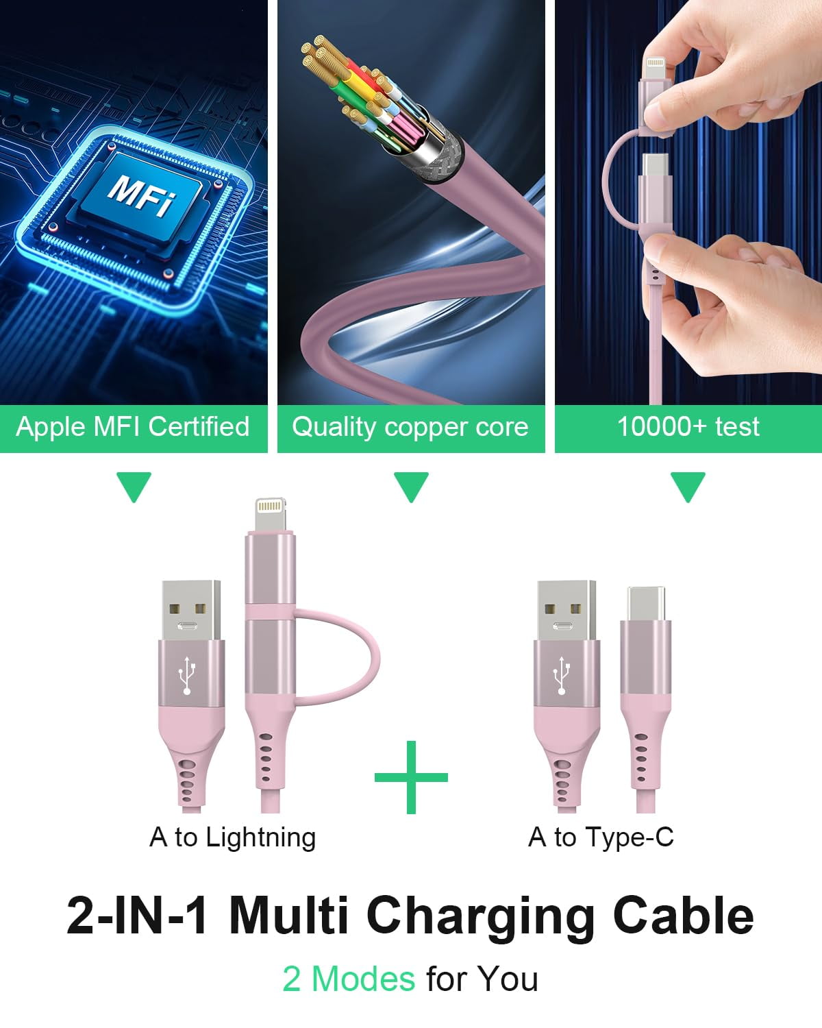 TRAHOO-Pink Retractable Car Charger Coiled Lightning Cable - 2 in 1 Lightning and USB C Cable ...