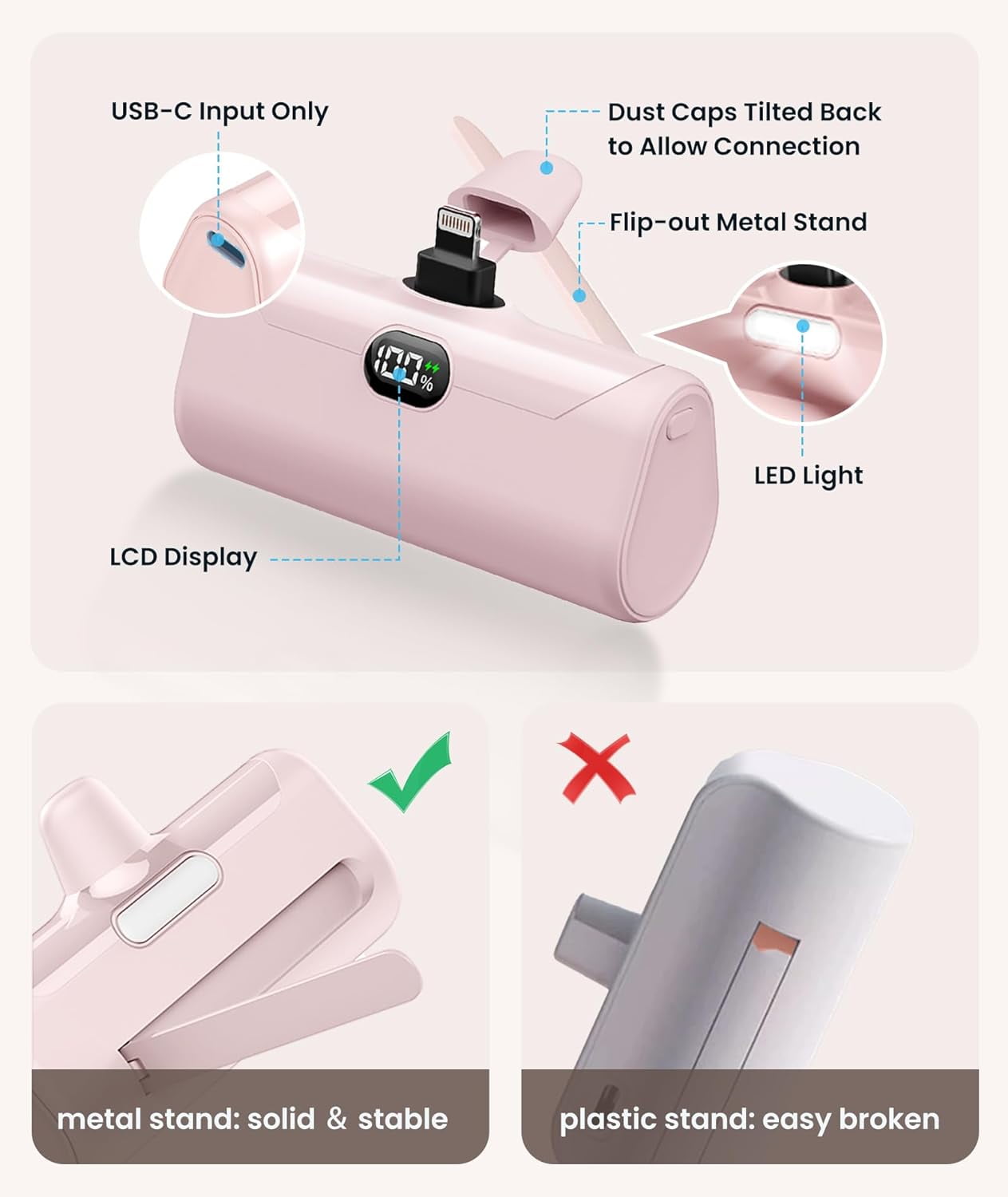 TRAHOO-Pink Small Portable Charger for Lightning Builtin Metal Stand ...