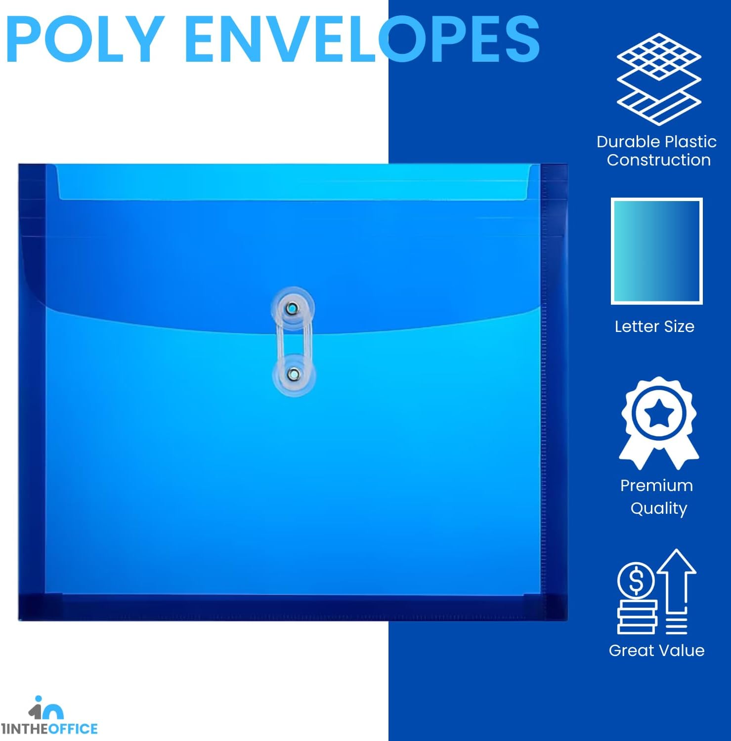 TRAHOO-Poly Envelopes Expandable Plastic Clear Envelope with Button & String Closure, Letter ...