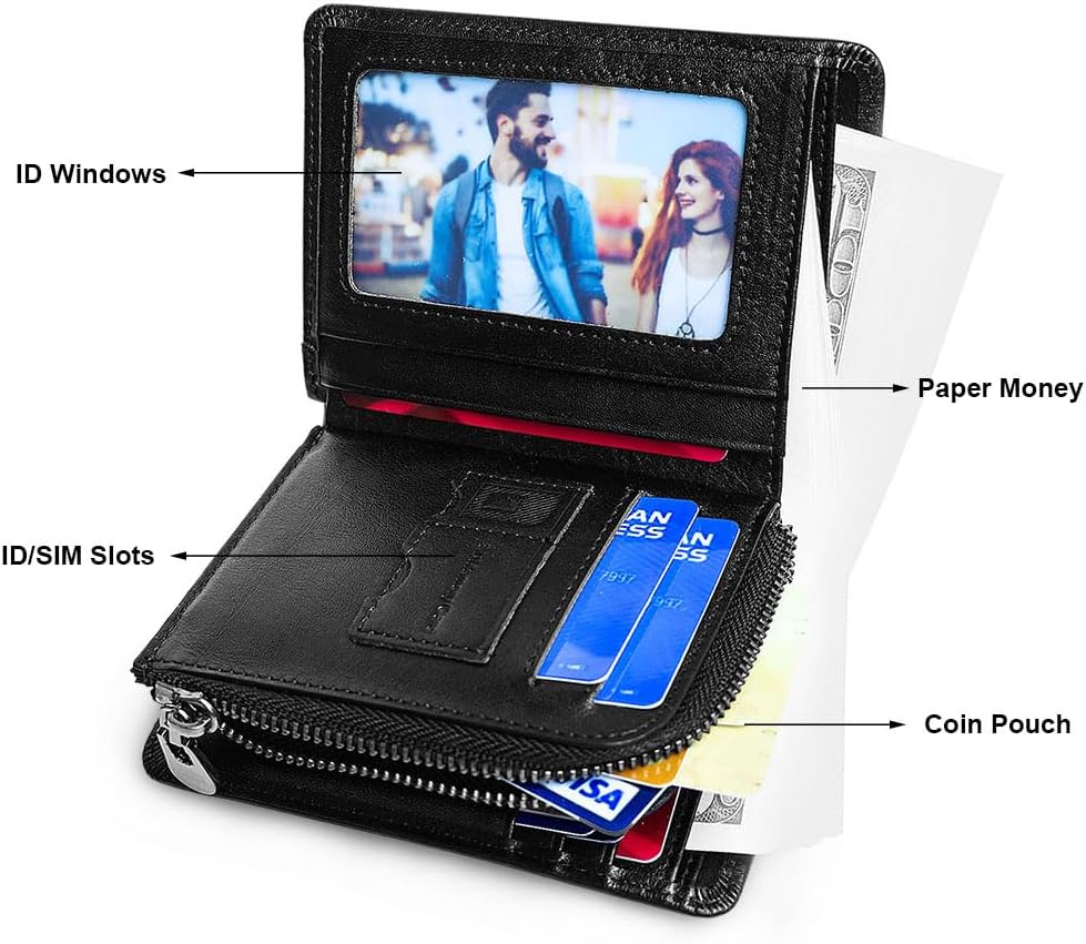 TRAHOO-RFID Blocking Bifold Genuine Leather Wallets for Men with Zipper ...