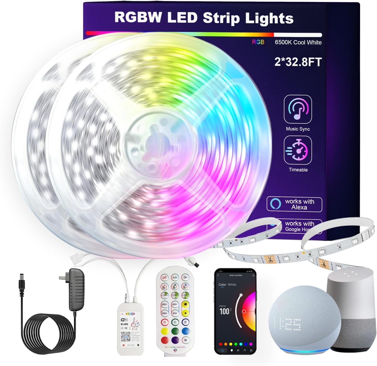 TRAHOO-RGBW LED Strip Lights,2x32.8FT RGBW+White 6500K,Work with Alexa ...