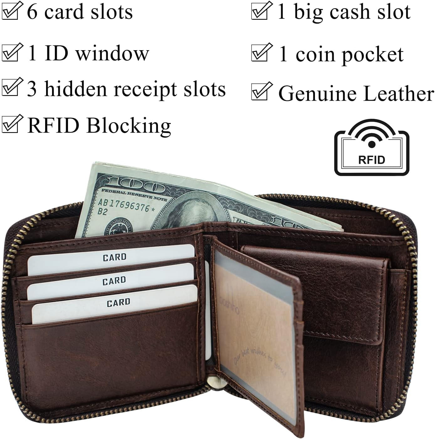 TRAHOO-Real Leather RFID Blocking Bifold Wallets for Men Double Zipper ...