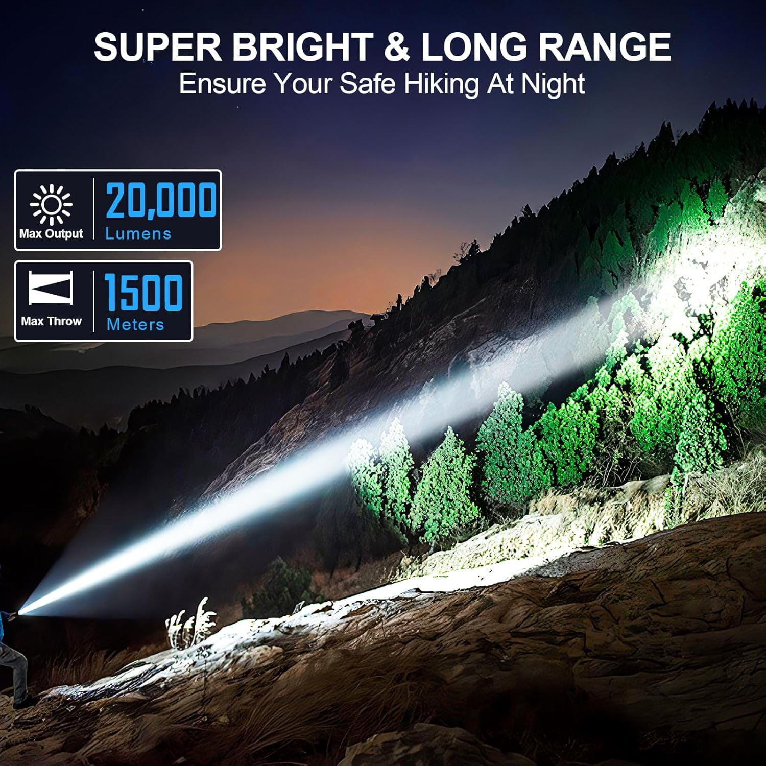 TRAHOO-Flashlights 20,000 High Lumens Rechargeable, 1500M Long Throw ...