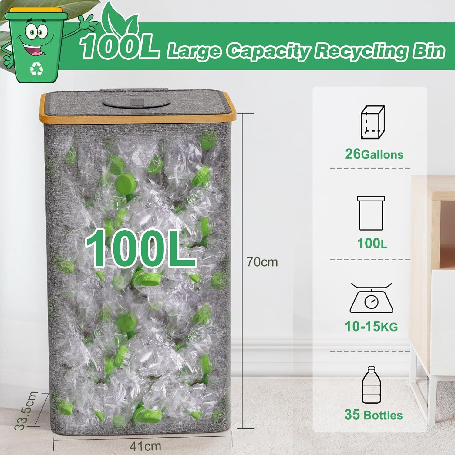 Recycle Bins 26-Gallon Kitchen Recycling Bin With Lid - Foldable Grey ...