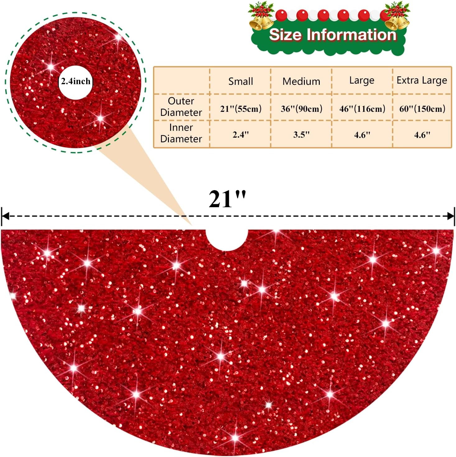 TRAHOO-Red Christmas Tree Skirt 21 Inch Sequin Tree Skirt Christmas ...