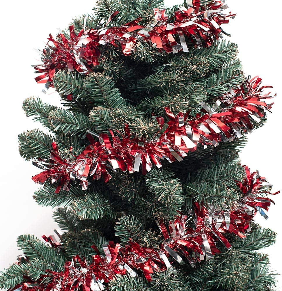 TRAHOO-Red and Silver Metallic Tinsel Twist Garland 4 inches Wide x 25 ...
