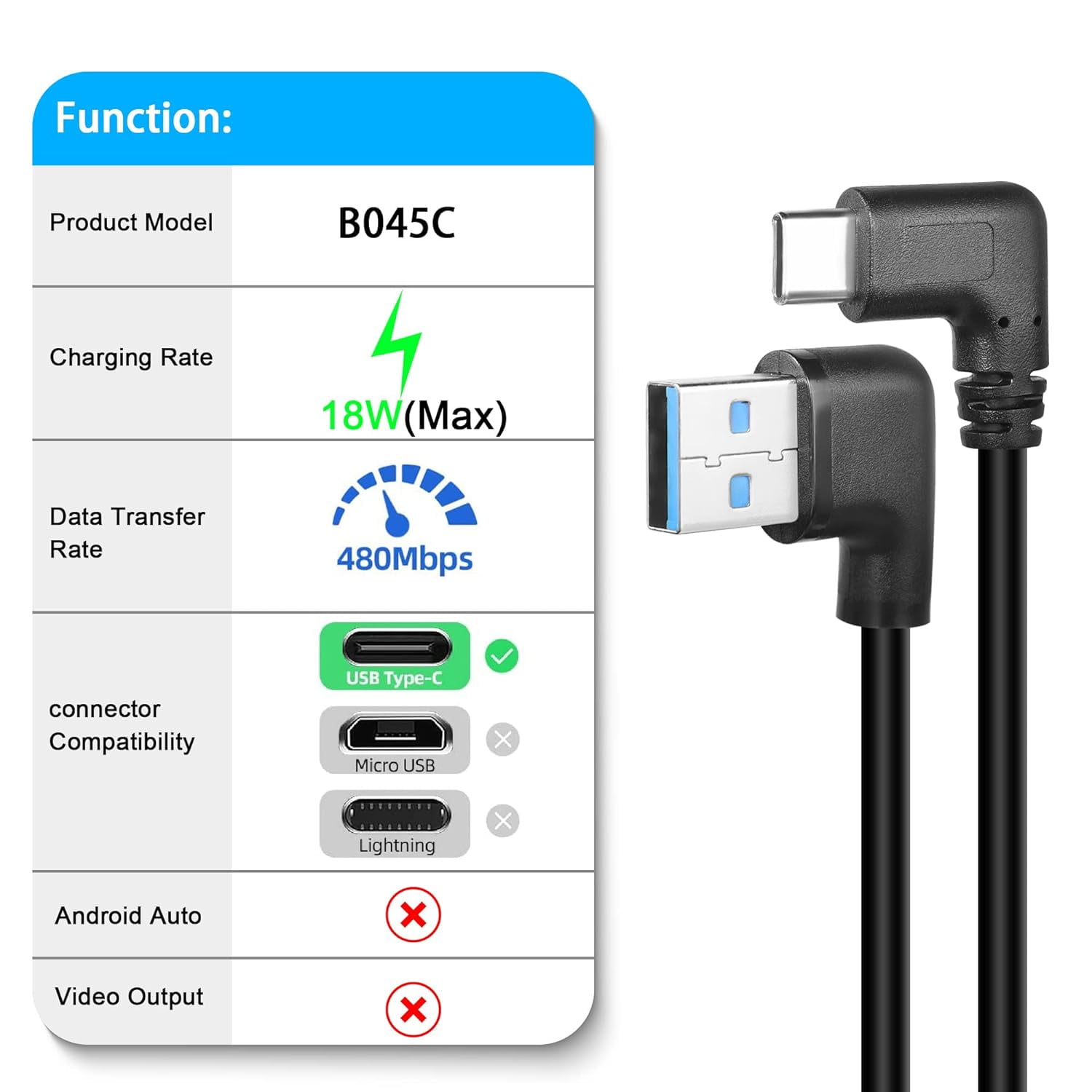 TRAHOO-Right Left Angle USB Type C Cable, 90 Degree 18W Fast Charging ...