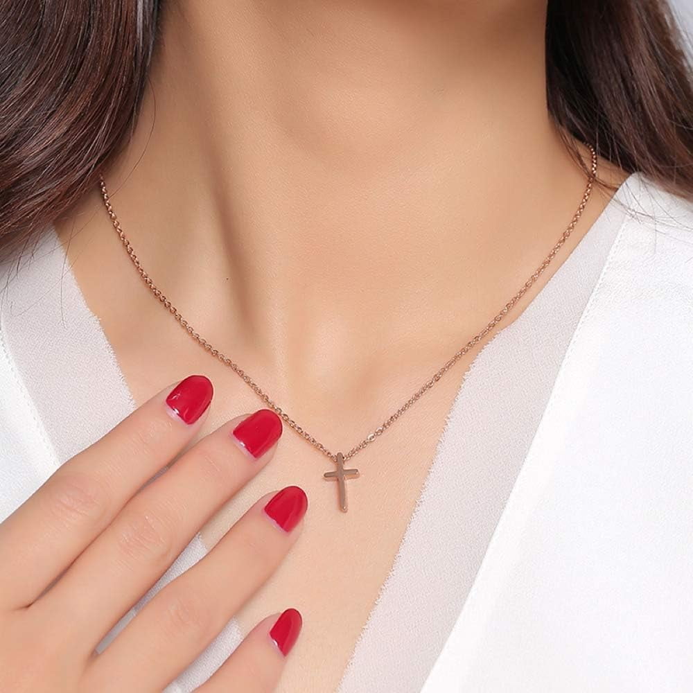 TRAHOO-Rose Gold Cross Necklace for Women Stainless Steel Tiny Cross ...