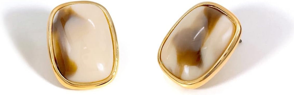 TRAHOO-- Round Edges Rectangle Shape Studs Earring. Abalone Amber ...