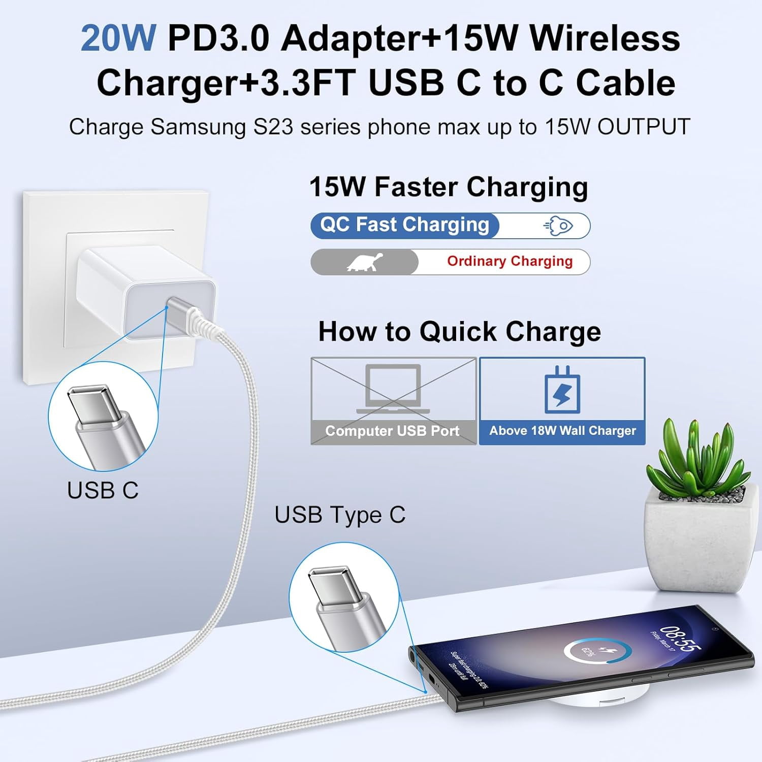 TRAHOO-Samsung S24 Ultra Wireless Charger Stand 20W USB C Fast Android ...