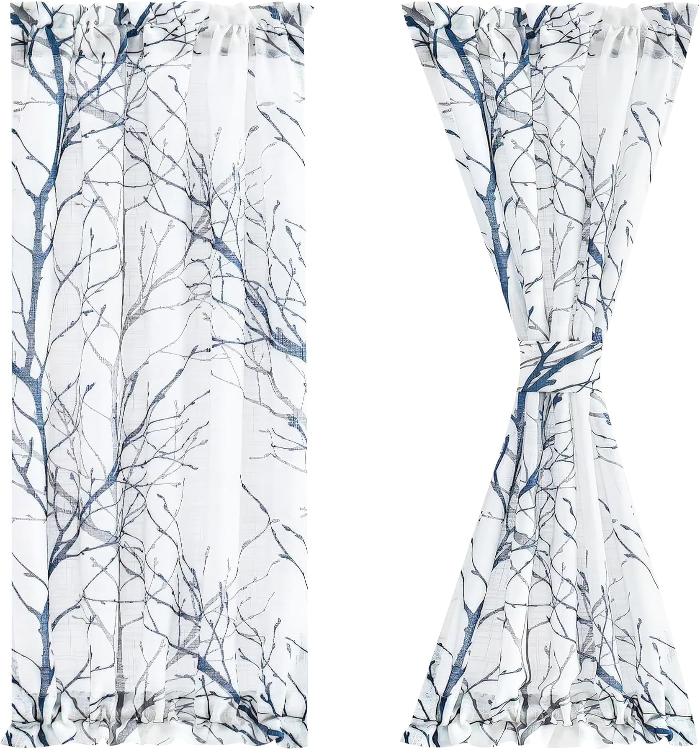 TRAHOO-Sheer French Door Curtains 40 Inches Long Blue White Semi-Sheer ...