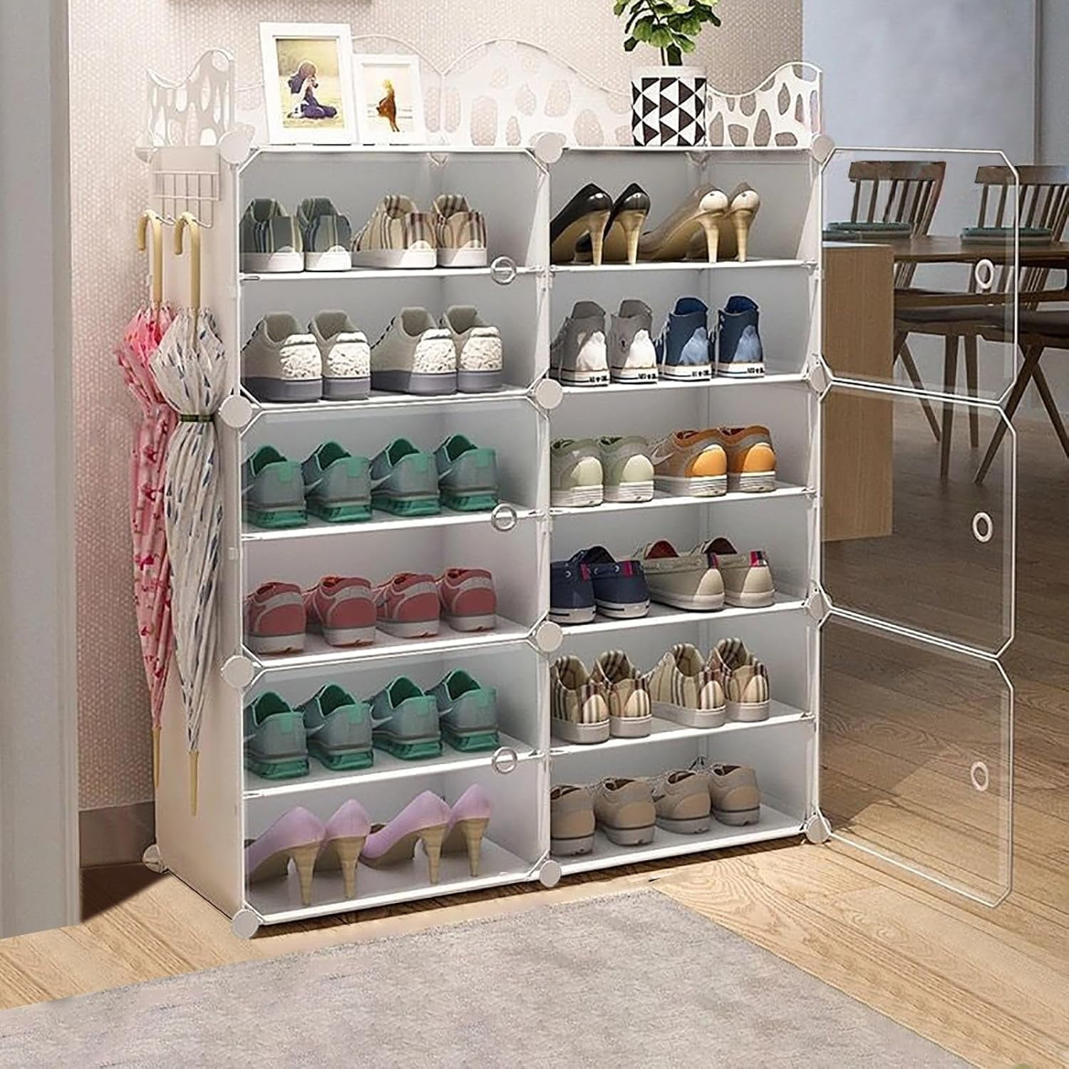 TRAHOO-Shoe Rack, 6-Tier Shoe Rack Organizer with Hooks and Fence, Free ...
