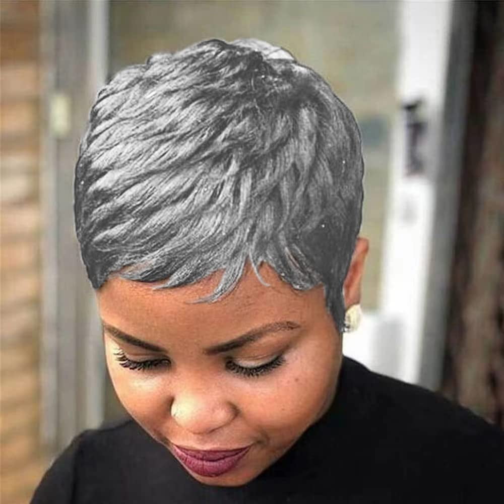 TRAHOO-Short Grey Pixie Cut Wigs for Black Women Grey Pixie Wigs for ...