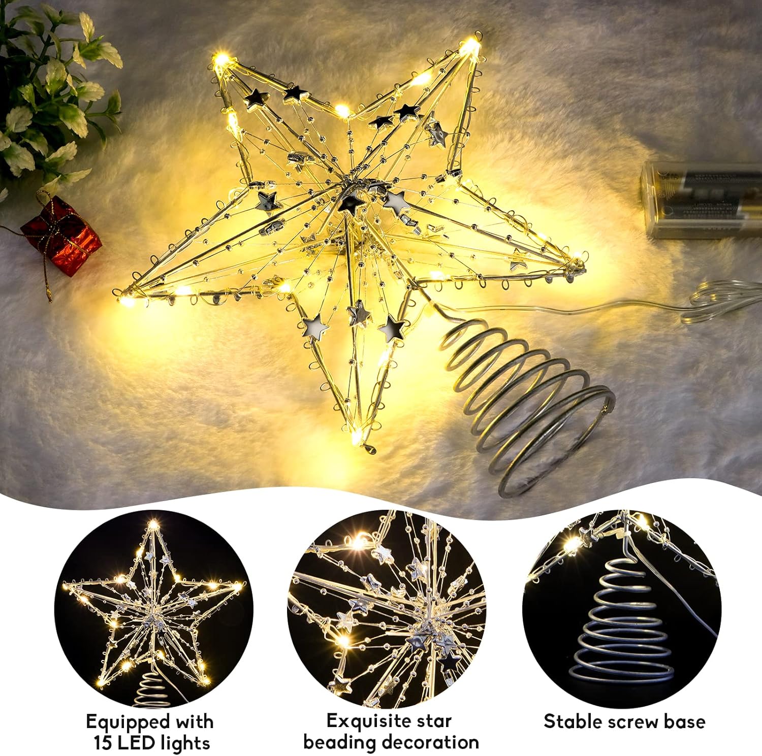 TRAHOO-Silver Christmas Tree Topper, 8-Inch Star Tree Toppers Metal ...